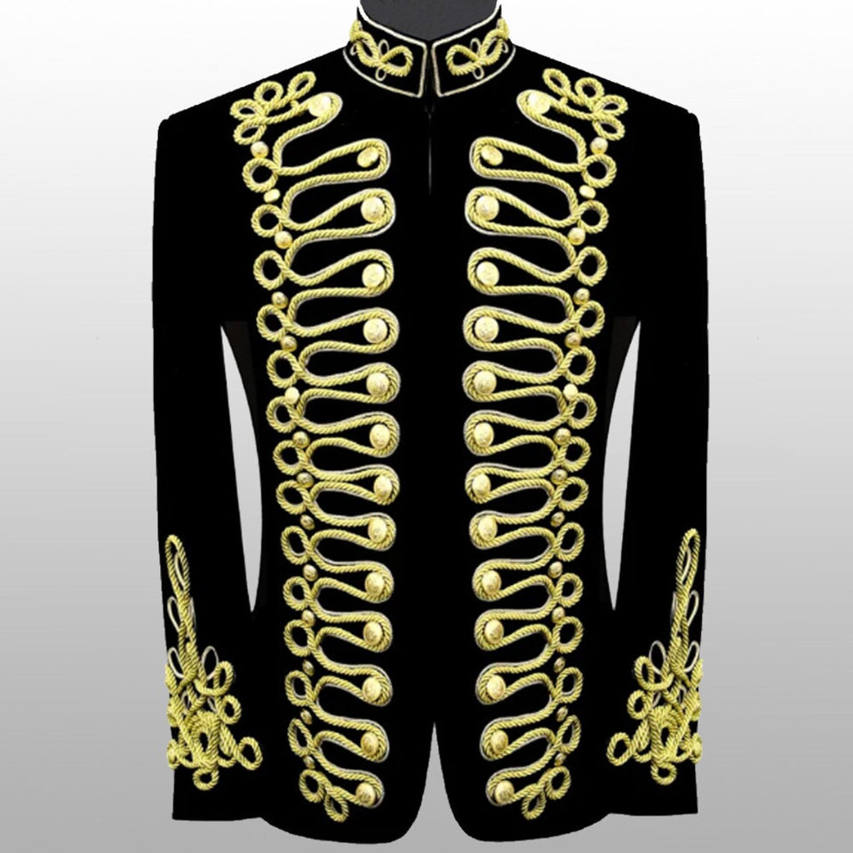 Black Men Braided Velvet Jacket Military Gold Braided Jacket Hussars V