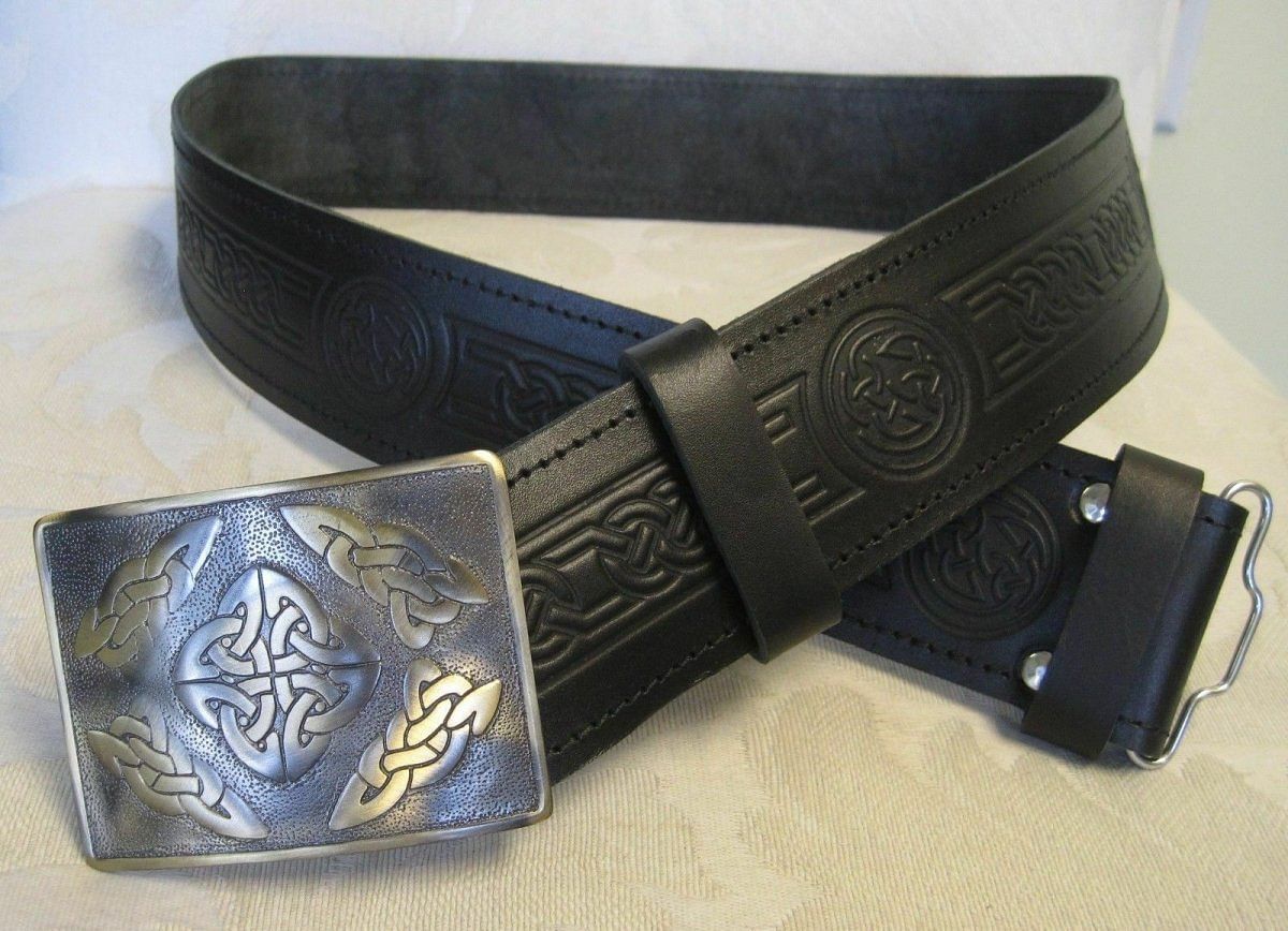 Embossed Celtic Knot Leather Belt & Antiqued Celtic Buckle Scottish Me